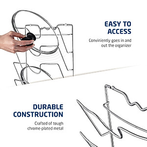 ZOBER Durable Metal Wire Potlid Organizer For Cabinet Door or Wall Mount - Upright Storage Holder with 5 Slots Nice Displayed and Easy Access, Easy Assemble - Chrome Silver
