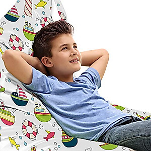 Lunarable Nautical Lounger Chair Bag, Sketch Sailing Ship Pattern with Colorful Boats Lighthouse Fishes and Sea Bubbles, High Capacity Storage with Handle Container, Lounger Size, Multicolor
