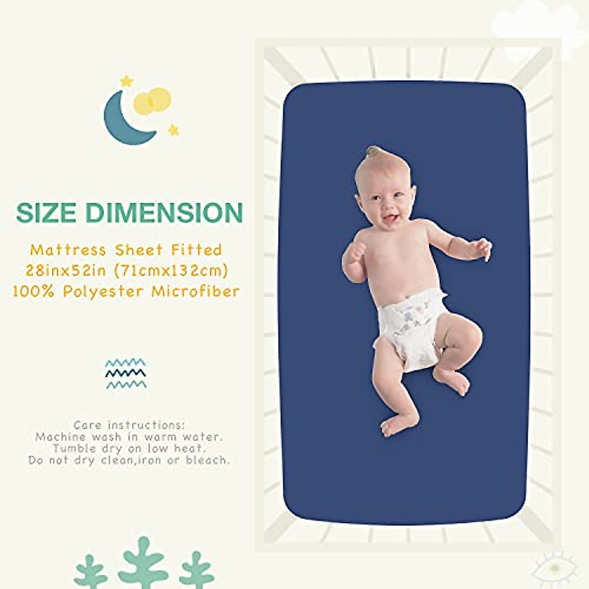 EXQ Home Fitted Baby Crib Sheets for Boys Girl, Standard Crib Mattress Sheet Soft Breathable Toddler Bed Sheets, Cozy Microfiber Toddler Cot Sheet (28x52x8in Navy Blue)