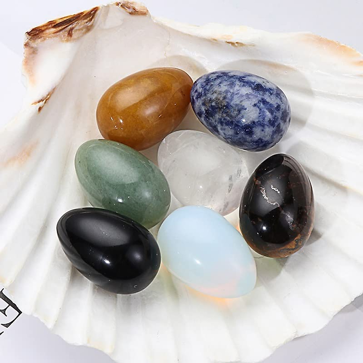 Natural Opal Pink Crystal Topaz Crystal Egg Sphere Sculpture Reiki Healing Crystal Gemstone Stone Quartz Egg Divination Figurine with Wood Stand for Home Decoration (7 Eggs)
