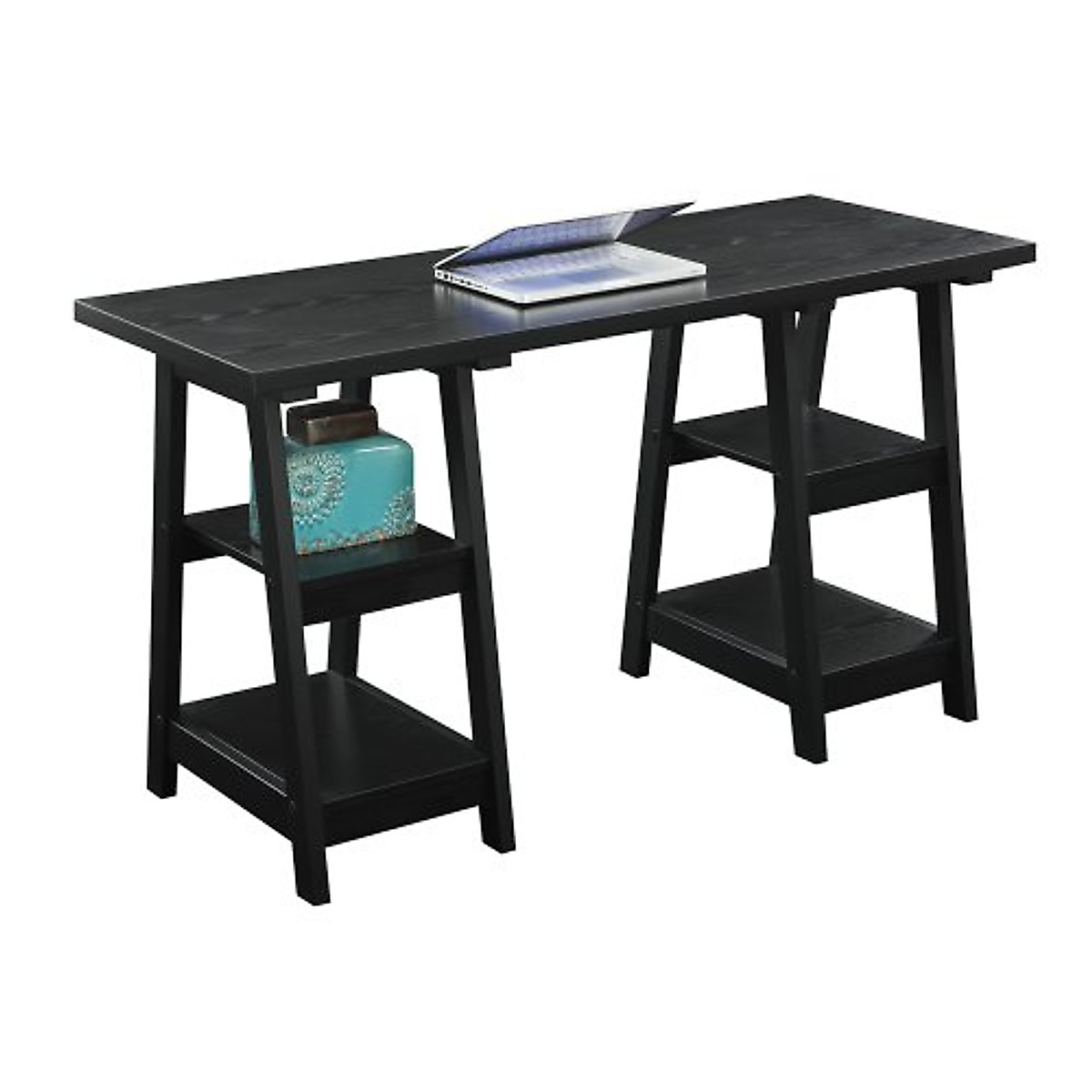 Convenience Concepts Designs2Go Double Trestle Desk with Shelves, Black
