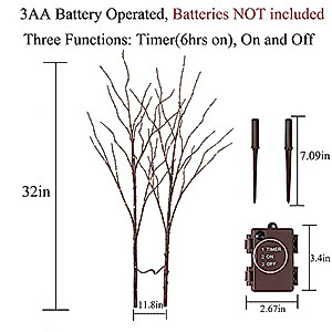 LITBLOOM Lighted Brown Willow Branches with Timer Battery Operated Set of 2 Tree Branch with Warm White Lights for Holiday and Party Decoration 32IN 100 LED Waterproof