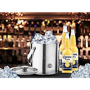Ice Bucket With Lid, Insulated Black Ice Bucket for Cocktail Bar with Ice Tong, Double Walled Stainless Steel, 1.75 L, 1.84 Quarts, Ice Cold For 6 h with Handle (Silver)