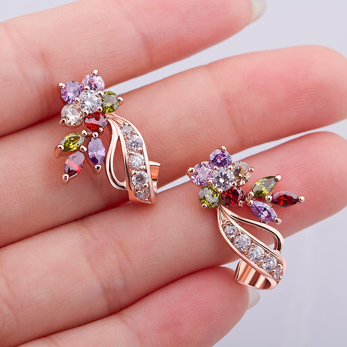 BISAER Rose Gold Plated Flower Stud Earrings Multicolor Cubic Zirconia Earrings for Women CZ Jewelry Gifts Colorful CZ Earring