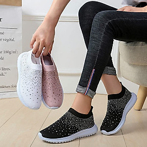 Women's Crystal Breathable Slip-On Walking Shoes, Sparkly Glitter Mesh Sneakers Athletic Walking Shoes, Ladies Casual Trainers Sock Jogging Shoes (Black,38)