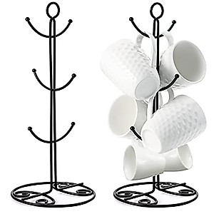 Yesland 2 Pack Mug Rack Tree - Metal Black Coffee Mug Tree for Counter with 6 Hooks - Large Kitchen Countertop Coffee Cup Holder Stand & Teacup Storage Rack for Organizing & Drying(Flower Pattern)