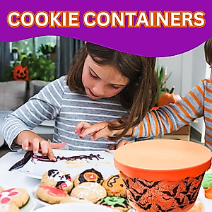 Halloween Plastic Containers with Lids, Food Storage Candy Box for Trick or Treating Cookies Jar Goodies Bucket Snack Party Favor Decor Pumpkin Bat & Ghost Themed, Pack of 3(Black Orange Green)
