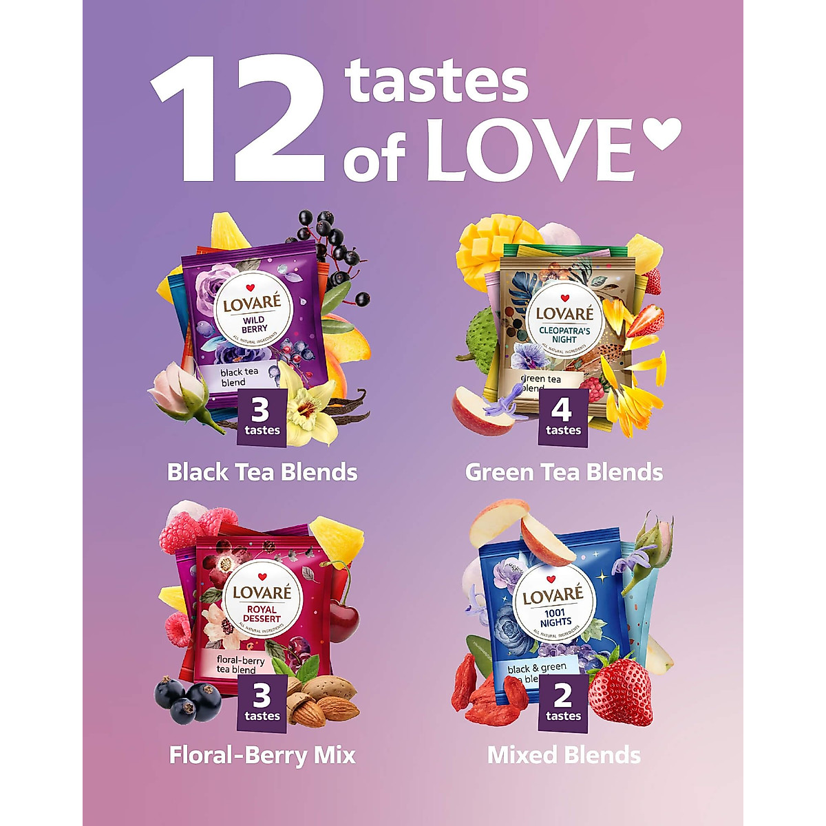 LOVARE Tea Bags Variety Pack - Made in Ukraine - Black and Green, Floral Berry, Mixed Blend Assorted Tea Collection - Tea Sampler - Tea Gift Sets for Tea Lovers (60 Bags - 12 Tastes)
