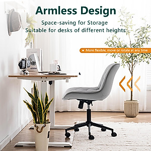 YOUNUOKE Comfortable Desk Chair, Home Office Chairs with Wheels, Armless Samll Comfy Vanity Chairs, PU Leather Computer Task Work Desk Chairs, Gery