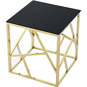 Black Side Table Small End Table with Mirrored Stainless Steel Metal Base, Square Tempered Glass End Table with Storage Modern Side Table, Living Room End Table Narrow Long Side Table Night Stand