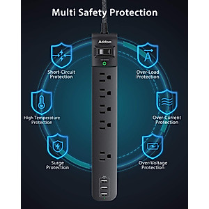 2 Pack Power Strip Surge Protector - 5 Widely Spaced Outlets 3 USB Charging Ports, 1875W/15A with 6Ft Braided Extension Cord, Flat Plug, Overload Surge Protection, Wall Mount for Home Office