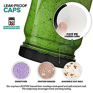 16 oz Glass Jars with Plastic Caps (12 Pack) - Reusable Food Grade Glass Bottles - Dishwasher Safe - Leak-Proof Lids - Travel Bottle for Smoothies & Juicing, Shakes, Milk, Honey - Stock Your Home