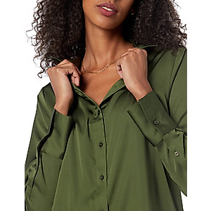 Amazon Essentials Women's Classic-Fit Satin Button Down Blouse (Available in Plus Size), Dark Olive, X-Large