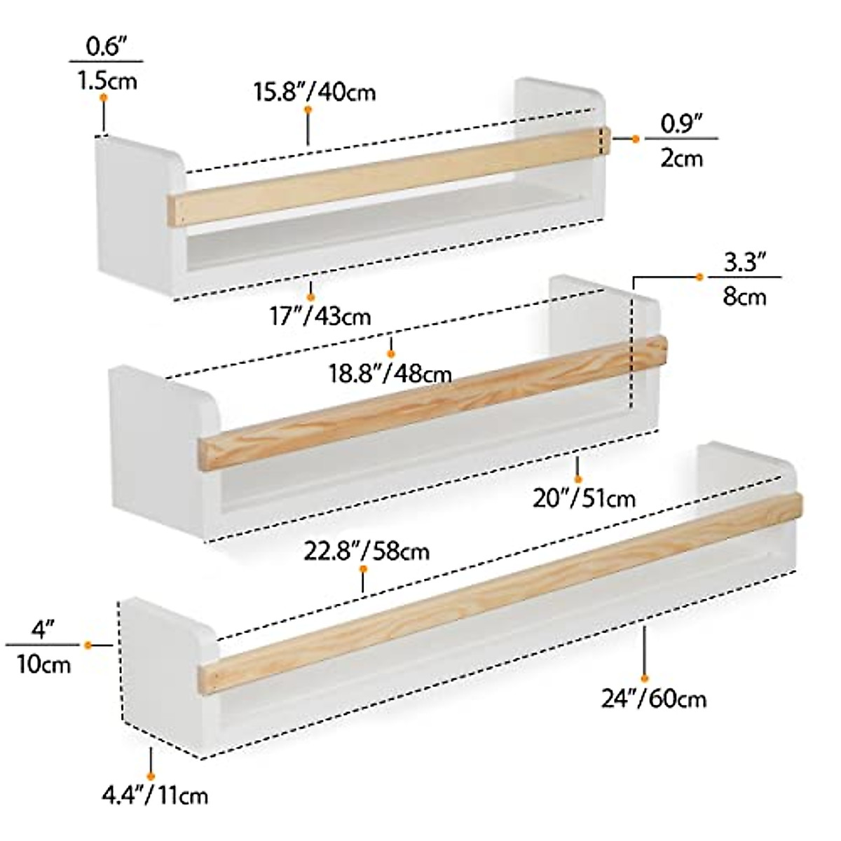 Wallniture Utah Wall Mount Nursery Décor Kids Bookshelf Floating Wall Shelves Book Photo Display Varying Sizes Set of 3 White