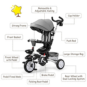 BABY JOY Tricycle, 7 in 1 Folding Toddler Bike w/Removable Push Handle, Rotatable Seat, Adjustable Canopy, Safety Harness, Storage, Cup Holder, Trike for 1-5 Year Old, Tricycle for Toddlers (Gray)