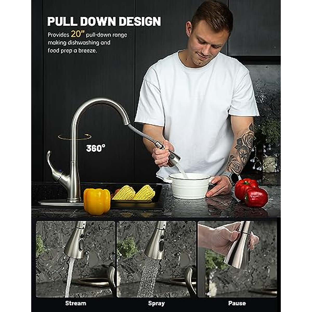 APPASO Pull Down Kitchen Faucet with Sprayer Stainless Steel Brushed Nickel - Single Handle Commercial High Arc Pull Out Spray Head Kitchen Sink Faucets with Deck Plate, Grifos De Cocina