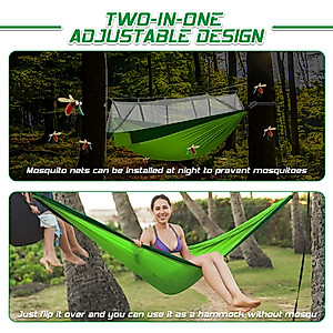 Rusee Camping Hammock with Net Outdoor Hammock Travel Bed Lightweight Parachute Fabric Double Hammock for Tree, Camping, Hiking, Backpacking, Backyard (Green + Dark Green)