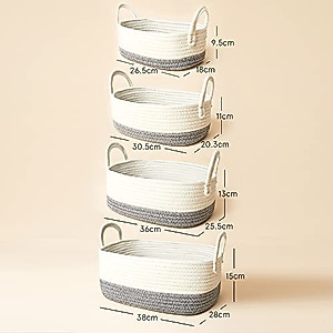 LA JOLIE MUSE 15 Inch Cotton Rope Woven Storage Basket Set of 4, Stackable Multipurpose Organizer Bins with Handles, White & Gray