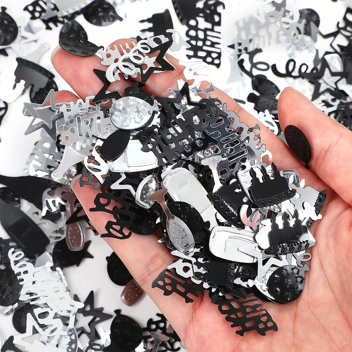 3000 PCS Black Silver Happy Birthday Confetti Black Silver Party Decorations Supplies Metallic Foil Stars Birthday Cake Balloon Confetti Table Scatter for Birthday Party Anniversary Baby Shower DIY