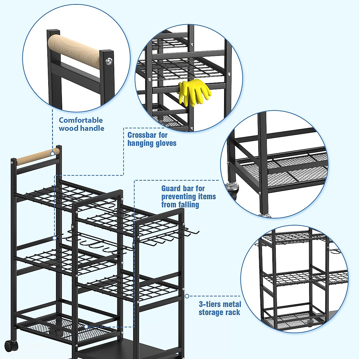 NADAMOO Large Garden Tool Organizer with Rolling Wheel, Metal Shelf Yard Tool Holder, 3-tier Utility Stand Rack for Garage Organization and Storage, Hold Long-Handled Rakes, Shovel, Broom