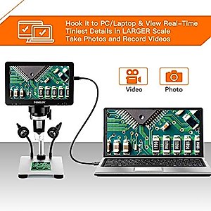 TOMLOV DM9 7" LCD Digital Microscope 1200X, 1080P Video Coin Microscope with Metal Stand, 12MP Ultra-Precise Focusing, LED Fill Lights, PC View, Windows/Mac OS Compatible, with SD Card, Model- DM9