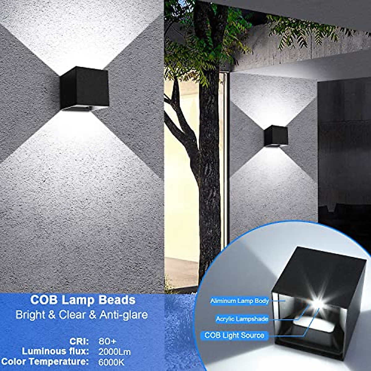Juyace LED Sconce Wall Lighting 20W Outdoor Wall Light Up and Down Exterior Light Fixtures Angle-Adjustable Square Aluminum 4.7" IP65 Waterproof 6000K for Porch Patio Garage Backyard Garden