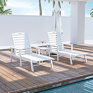 LyuHome Outdoor Lounge Chairs Set of 3, Lounge Beach Chairs for Outside, Pool Chaise Chairs and Side Table Set Patio Furniture Weather-Resistant Adjustable(White)