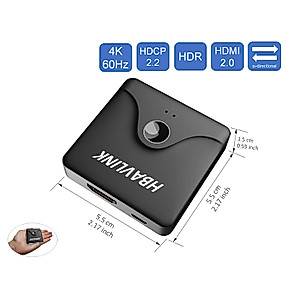 HDMI Switch 4K 60Hz - HBAVLINK HDMI Selector Switch Box HDMI Splitter 2 in 1 Out, No External Power Required, for Roku/PS5/Xbox/Netendo Switch/Fire Stick/Apple TV (HDMI Cable NOT Include)