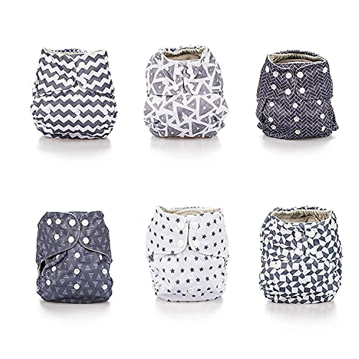 Simple Being Reusable Cloth Diapers, Double Gusset, One Size Adjustable, Washable Soft Absorbent, Waterproof Cover, Eco-Friendly Unisex Baby Girl Boy, six 4-Layers Microfiber Inserts (Geometrics)