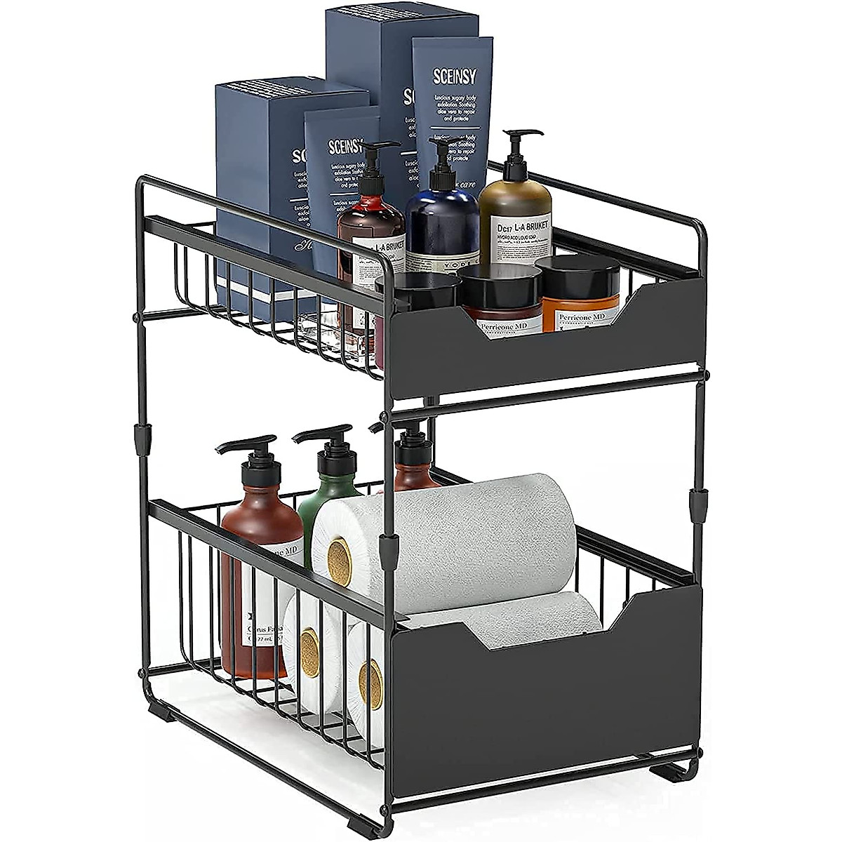 junyuan Under Sink Organizers And Storage With Sliding Storage Drawer,2-Tier Cabinet Organizer Shelf for Kitchen,Bathroom,Office,Countertop Stackable Storage Basket (black)