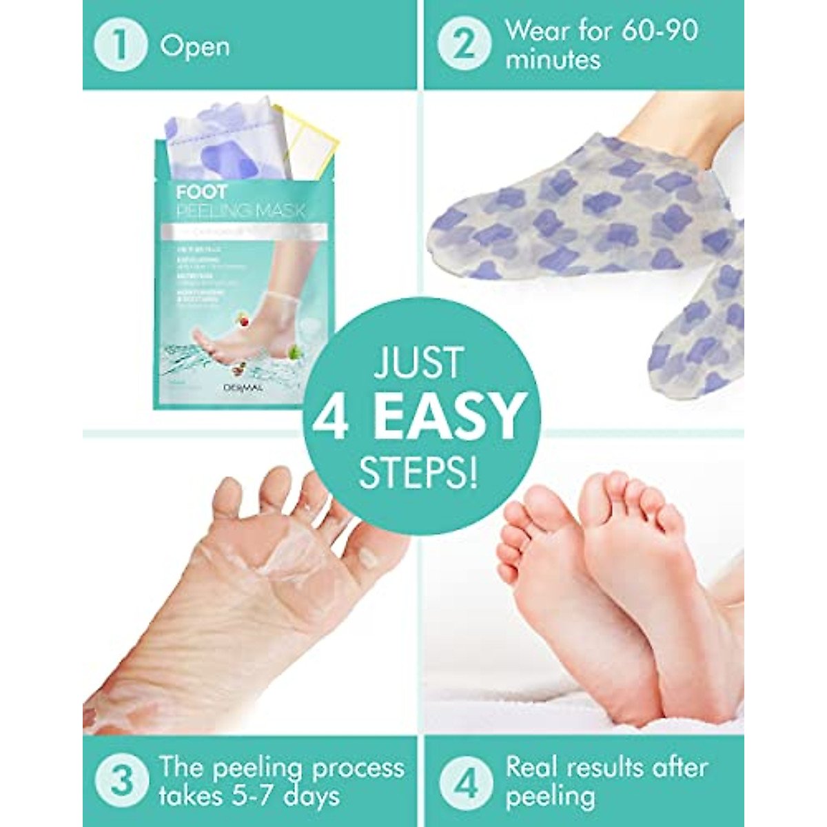 DERMAL KOREA Foot Peeling Mask 3 Pack For Dry Foot And Cracked Heel & Callus With Aloe Vera And Collagen - Exfoliating Peel Mask With Aha, Bha, & Pha And For Moisturizing, Soothing & Refreshing Feet