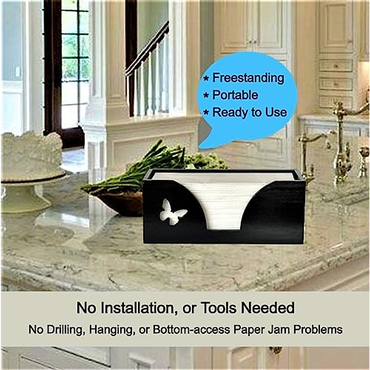Countertop Paper Towel Dispenser with Engraved Butterfly in Black Bamboo – Compatible with C Fold, Multifold, Trifold & Z Fold Hand Napkins Folded Size 10.5" x 4.0" Or Smaller (Black)