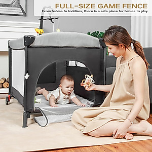 Mereryi Baby Bassinet 5-in-1 Pack and Play Portable Crib for Baby Bed,Multifunction Bedside Crib from Newborn to Toddlers,U-Shaped Diaper Changer,Playard,Safety Strap,Carry Bag,Hanging Toys