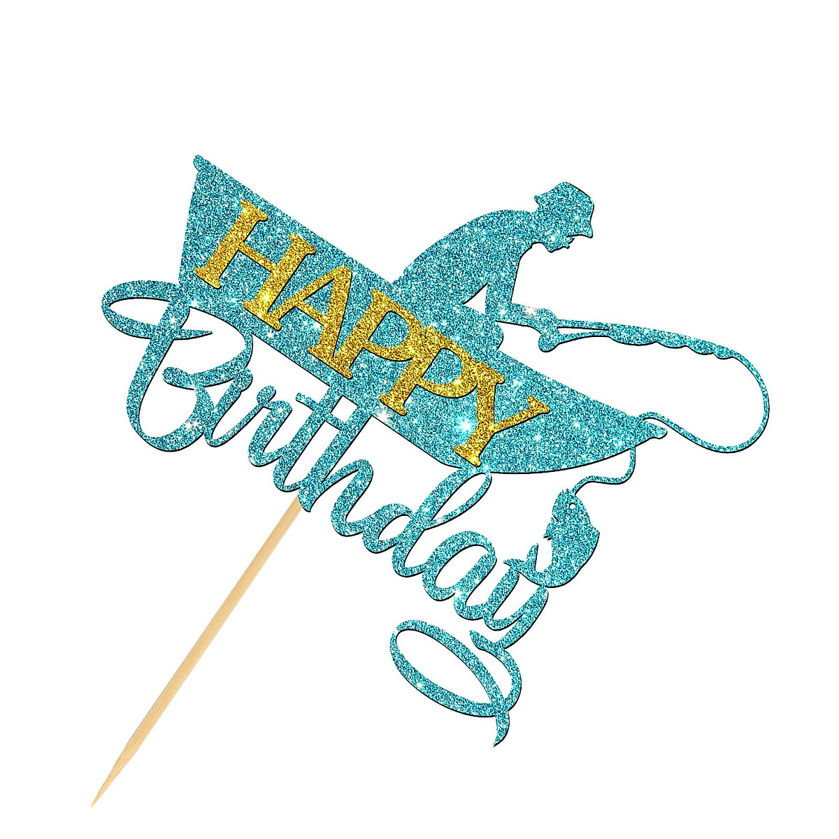 Fisherman Happy Birthday Cake Topper, Glitter Happy 30th 40th 45th 50th 60th 70th Birthday Cake Decoration, Funny Fishing Fisherman Theme Party Supplies - Sky Blue&Golden