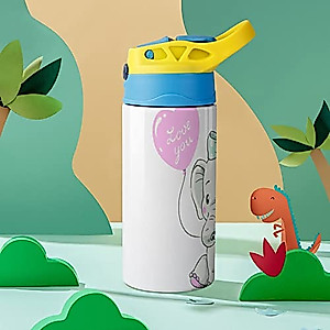 Water Bottle With Straw Cute Elephant Insulated Stainless Steel Vacuum Cup 500Ml For School 7.5x2.7 in