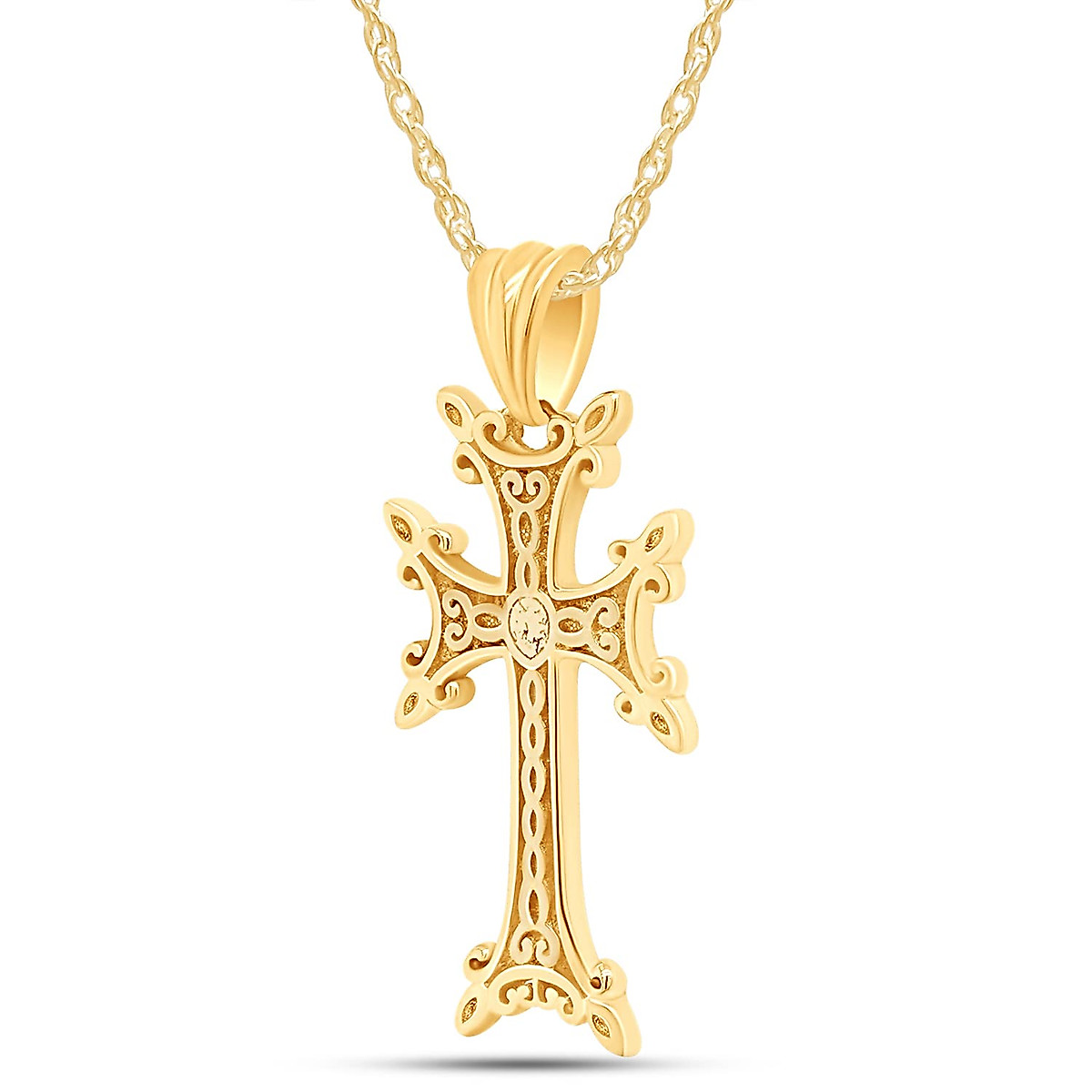 AFFY 14K Yellow Gold 925 Sterling Silver Armenian Cross Pendant Necklace