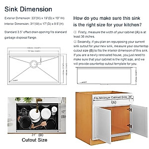 33 inch Gunmetal Black Stainless Steel Undermount Kitchen Sink - CELAENO 33x19 Handmade 16 Gauge Single Bowl Workstation Sink, 10 Inch Deep Modern Kitchen Sink is equipped with various accessories