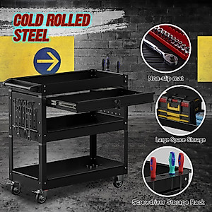 Tooremine 3 Tier Rolling Tool Cart, 330 lb Capacity Utility Cart, Metal Service Tool Cart with Drawer and Lock, Tool Storage Cart for Garage Warehouse Workshop Repair Shop (Black)