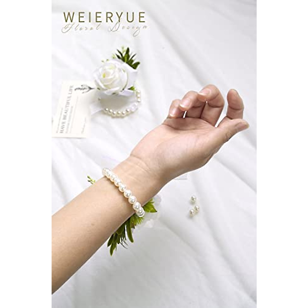 WEIERYUE White Rose Wrist Flowers and Men's Corsage Wedding Flowers Ceremony,2Pcs Boutonniere Buttonholes and Wrist Corsage Wristband Roses Wrist Corsage(White Rose Set)