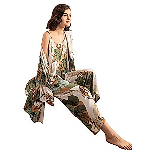 WDIRARA Women's 3 pcs Sleepwear Leaf Print Cami and Pants Pajama Set with Robe Multicolor M