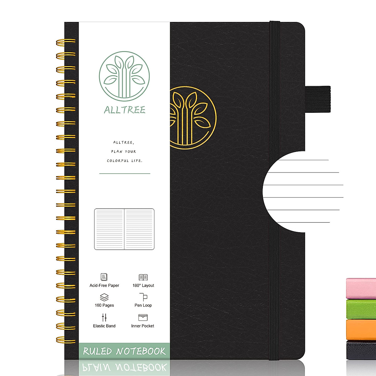 Alltree Lined Journal Notebook, Spiral Notebook for Work, Leather Hardcover Spiral Notebook with Tabs, Pen Loop, Pocket, Stickers, 160 Pages, Journal for Women & Men, Black(6"x8.5")