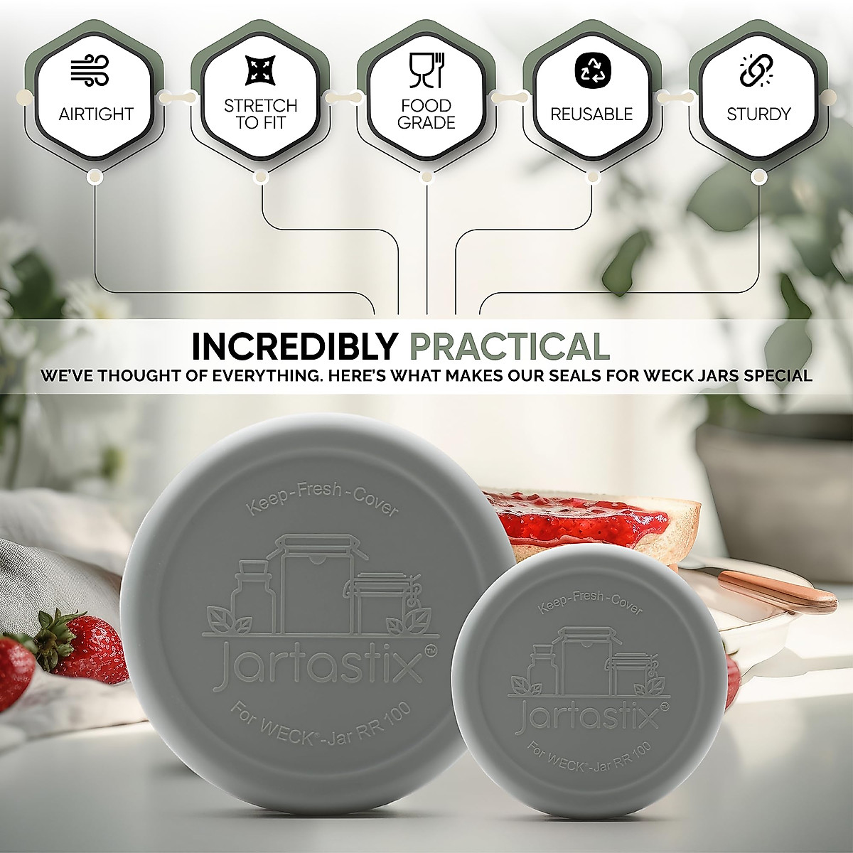 Jartastix 100mm Silicone Lids for WECK Jars - Set of 2 - Weck Jar Silicone Lids for Storage - Fits WECK 738, 739, 740, 741, 742, 743, 744, 745, 776, 748, 974 (Grey, 100mm)