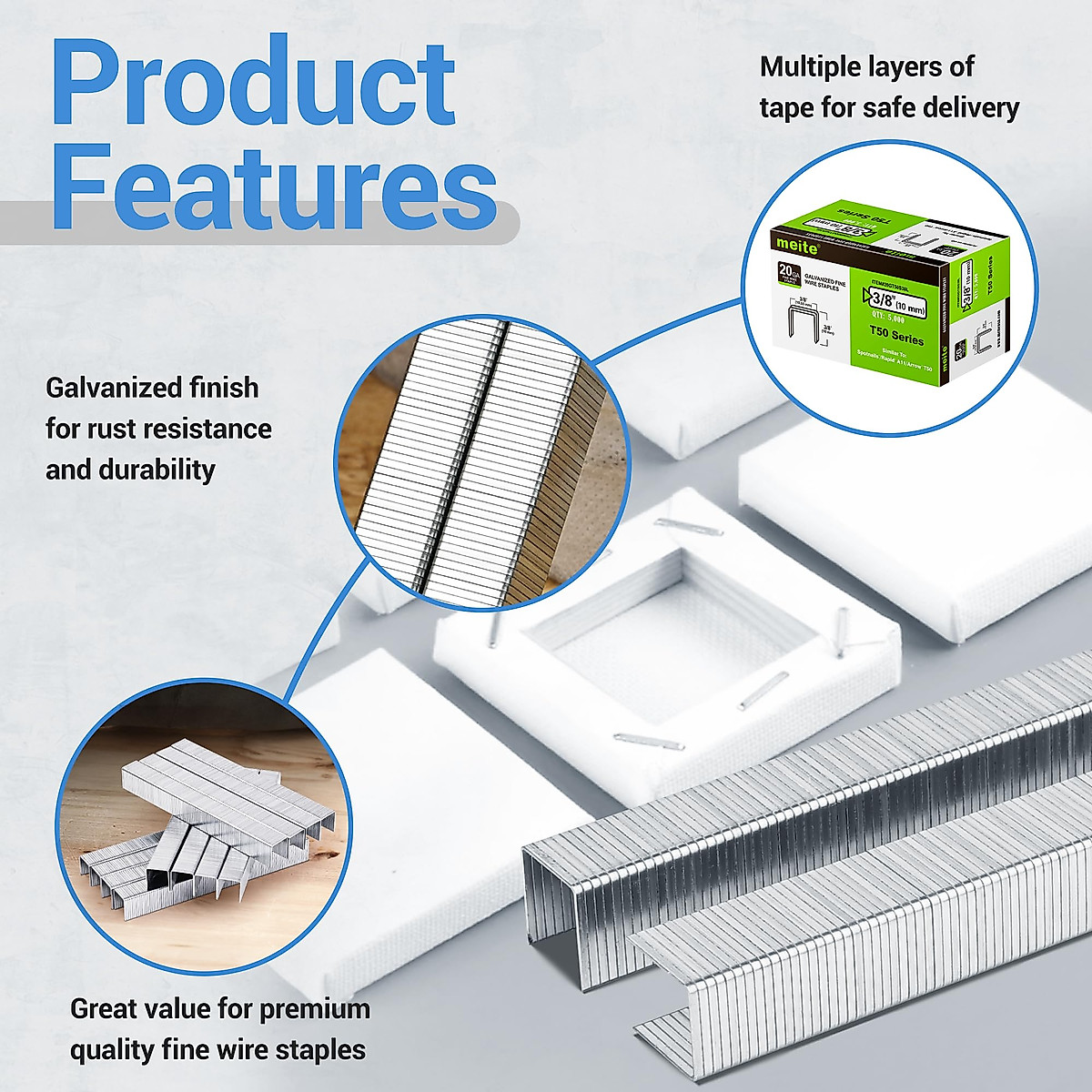 meite T50 Staples, 3/8 Inch Heavy Duty Staples for Staple Gun, 20 Gauge 3/8 Inch Crown Galvanized Upholstery Staples Staple Gun Staples (5,000 Counts)