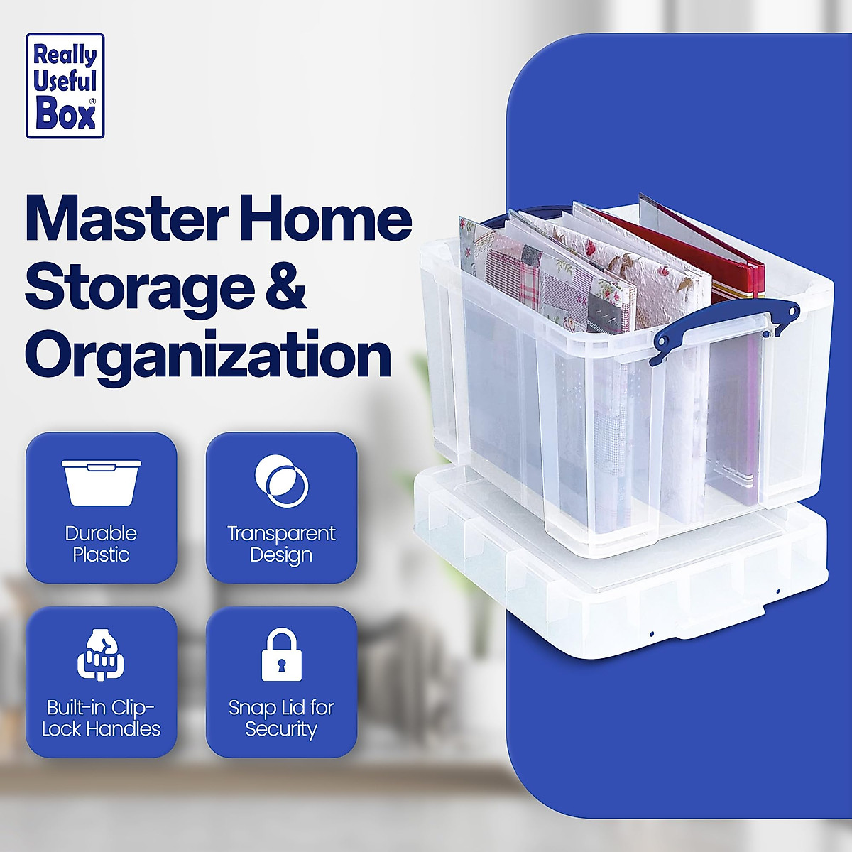 Really Useful Box 35 Liters Transparent Storage Container with Snap Lid and Clip Lock Handle for Lidded Home and Item Storage Bin