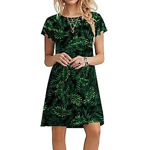 Askyes Womens Summer Spring Dresses Swing T-Shirt Beach Sun Dress Short Sleeve Round Neck Casual Dress,Green Leaf Flower,M