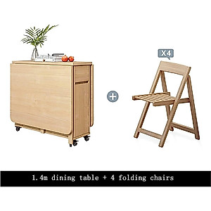 Dining Table Set, Solid Wood Drop Leaf Table, Extendable Moveable Folding Table with Wheels and 4 Chair, Saving Space, Round Edge Design, for Kitchen Dining Room