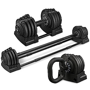 Lifepro 3-In-1 Weight Lifting System - 2 to 43 Lbs Kettlebell, Dumbbell, & Barbell Adjustable Weights Set for Home Gym - Versatile & Compact Weight Sets for Home Workout - Interchangeable Grip System
