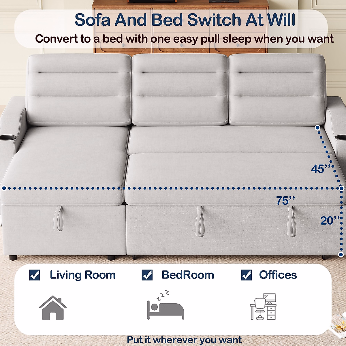 QKFF 83.5'' Convertible Sleeper Sofa Bed, 3 Seat L-Shaped Sectional Sofa Pullout Couch Bed with Storage Chaise, Cup Holder for Apartments/Living Room/Office