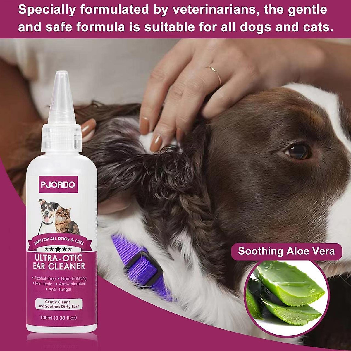 Pjordo Ear Cleaner for Dogs & Cats, Pet Ear Cleaner Solution, Ear Cleaning for Cats, Cat Ear Drops for Wax, Odor, Itchy, Dog Ear Treatment (3.38 oz)