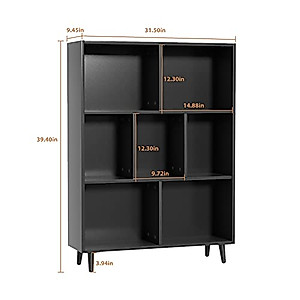 LAR-ME 3-Tier Bookshelf, Mid Century Bookcase with Legs, 7 Cube Wood Bookshelves Storage Organizer Shelf, Free Standing Narrow Book Shelves for Bedroom, Living Room, Office (Black)